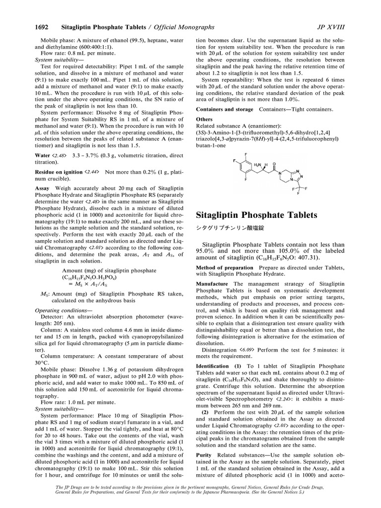 Sitagliptin Phosphate Tablets Monograph | PDF | Chromatography | Sodium