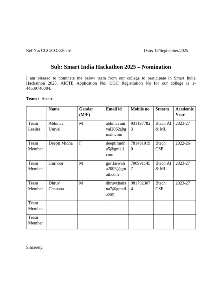 COE Consent Letter For SIH 2025 | PDF