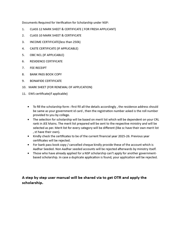 Documents Required For Verification For Scholarship Under NSP | PDF