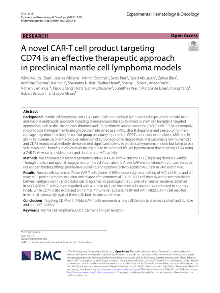 A Novel CAR-T Cell Product Targeting CD74 Is An Effective Therapeutic ...