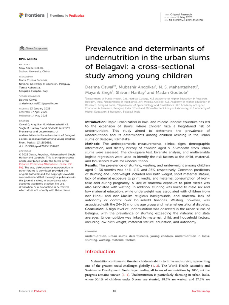 Undernutrition in Belagavi Urban Slums | PDF | Malnutrition ...