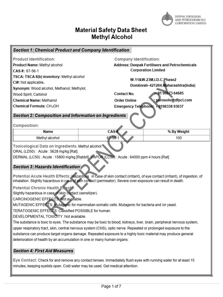 MSDS Methanol | PDF | Methanol | Chemical Reactions