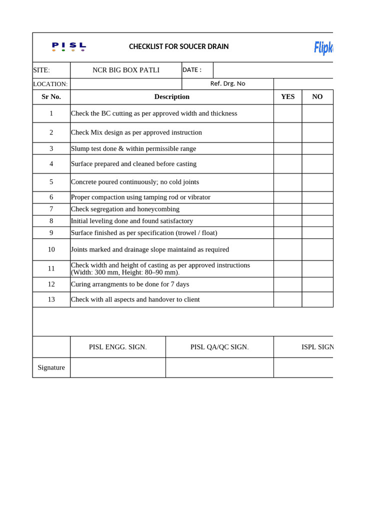 Soucer Drain Checklist for Construction | PDF