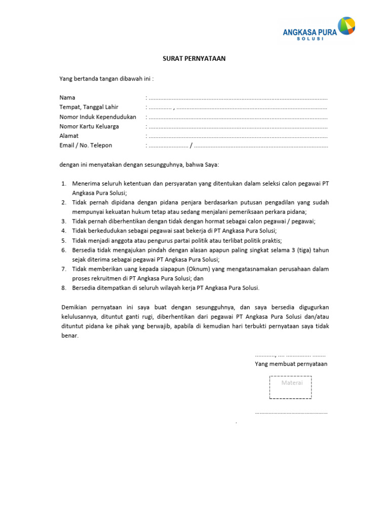 Surat Pernyataan Calon Pegawai PT APS | PDF