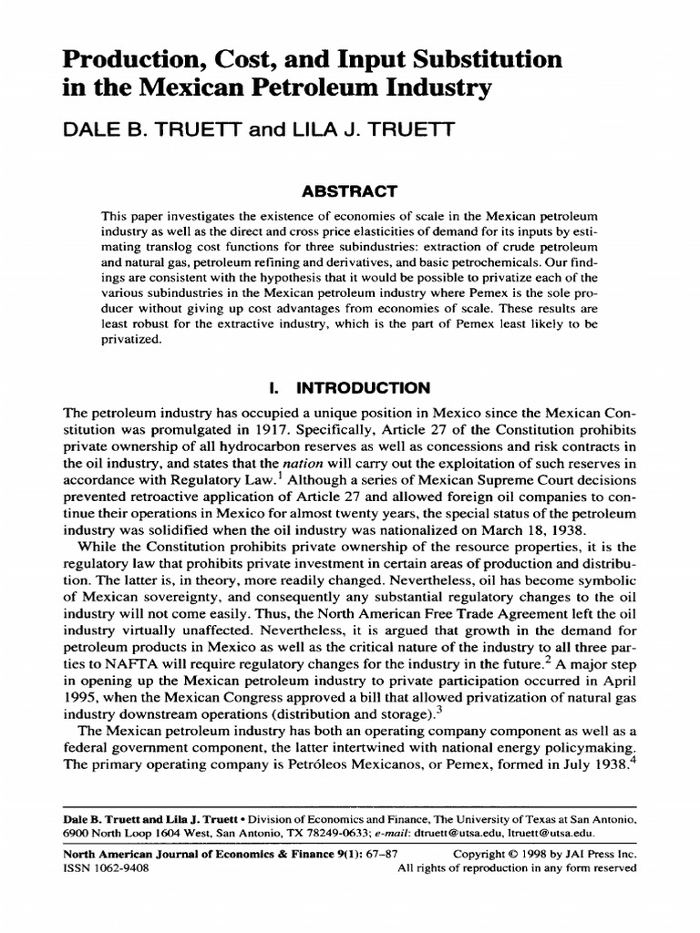 Production, Cost, And Input Substitution in the Mexican Petroleum ...