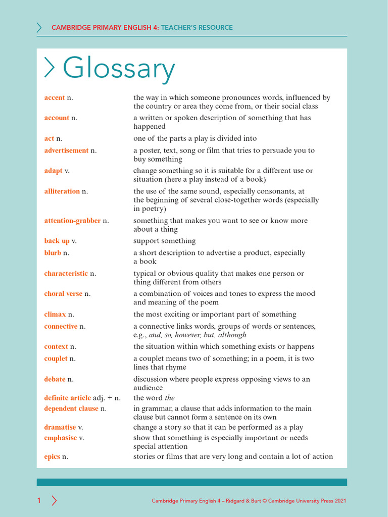 Cambridge Primary English 4 Glossary | PDF | Poetry | English Language