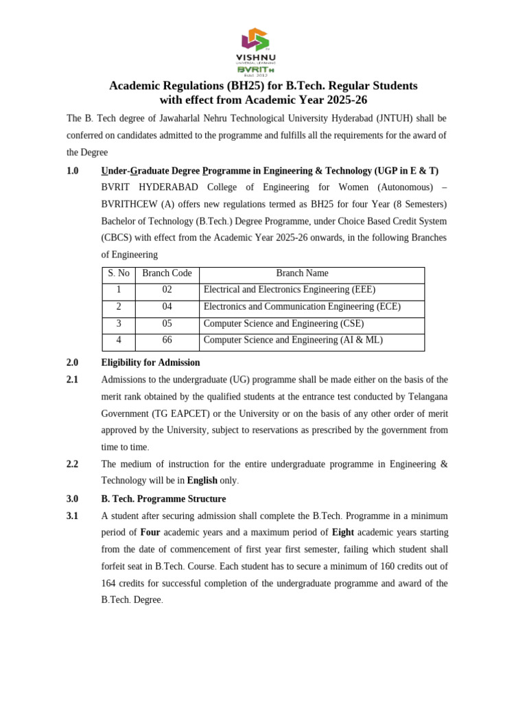 BH25 Regulations for B.Tech. Students | PDF | Course Credit | Academic Term