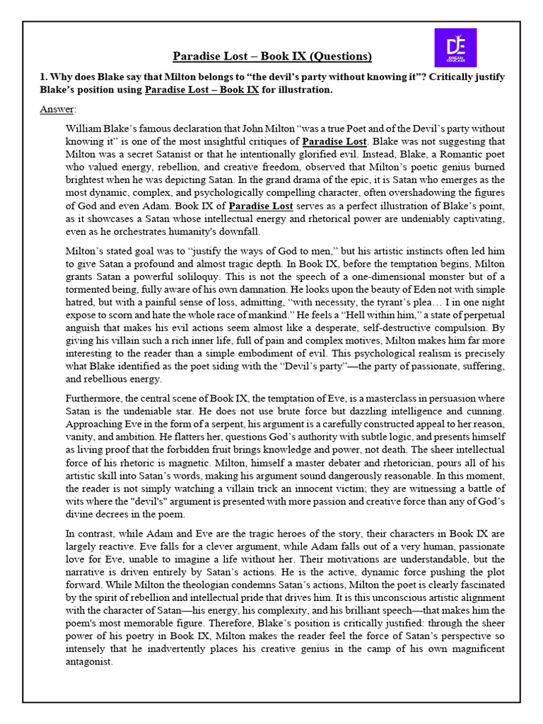 Milton's Paradise Lost Book IX Analysis | PDF | Paradise Lost | Poetry