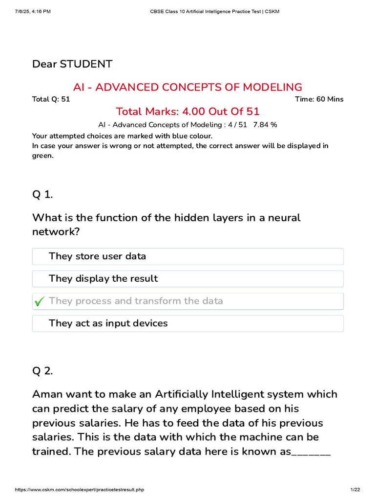 AI Practice Test for Class 10 Students | PDF | Machine Learning ...
