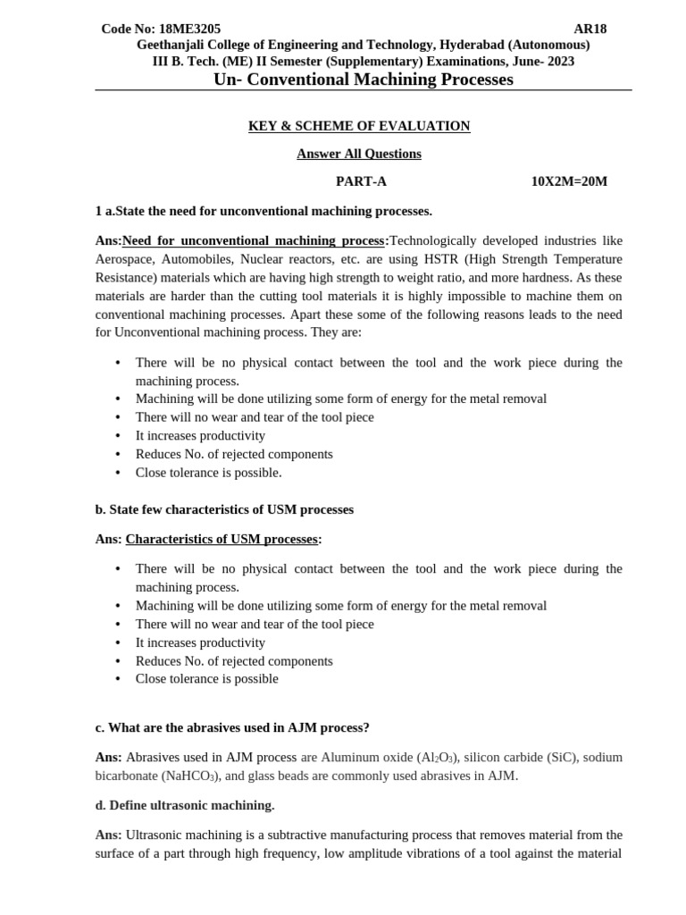 Ucmp Key & Scheme of Evaluation 2023 | PDF | Machining | Plasma (Physics)