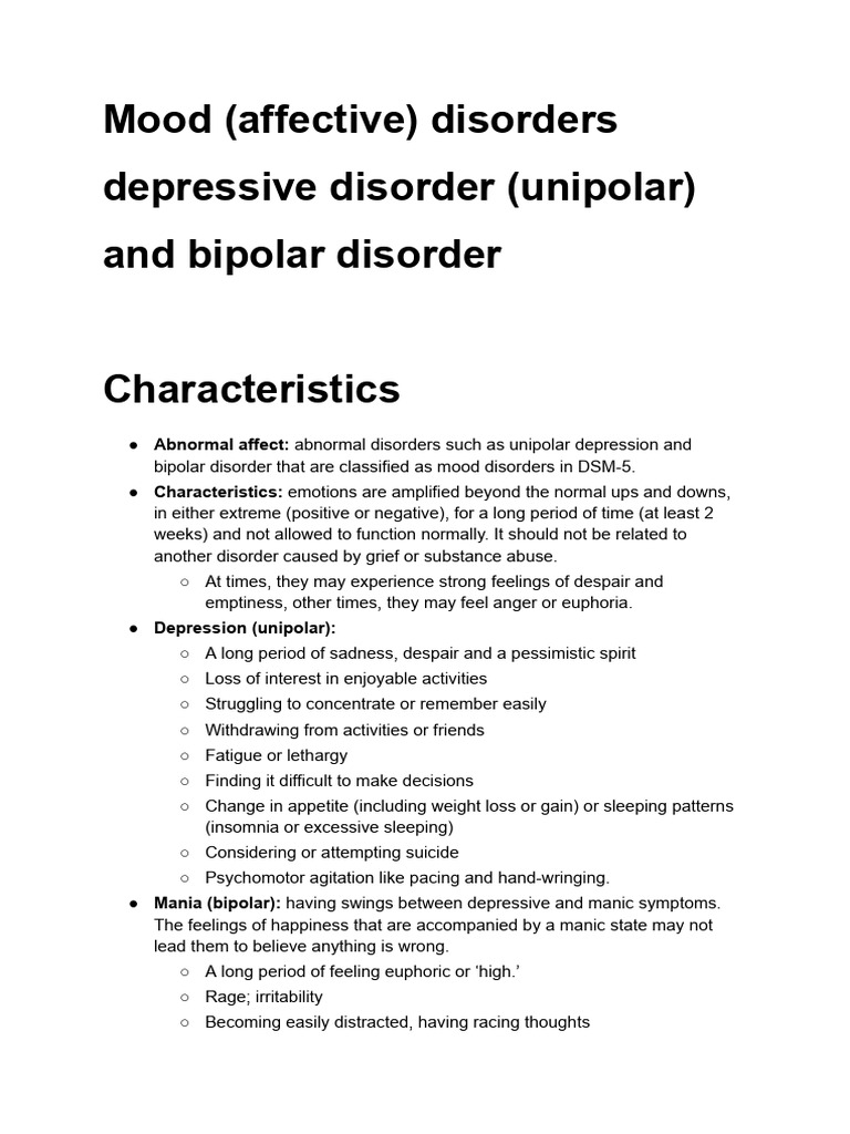 Mood (affective) disorders depressive disorder (unipolar) and bipolar ...