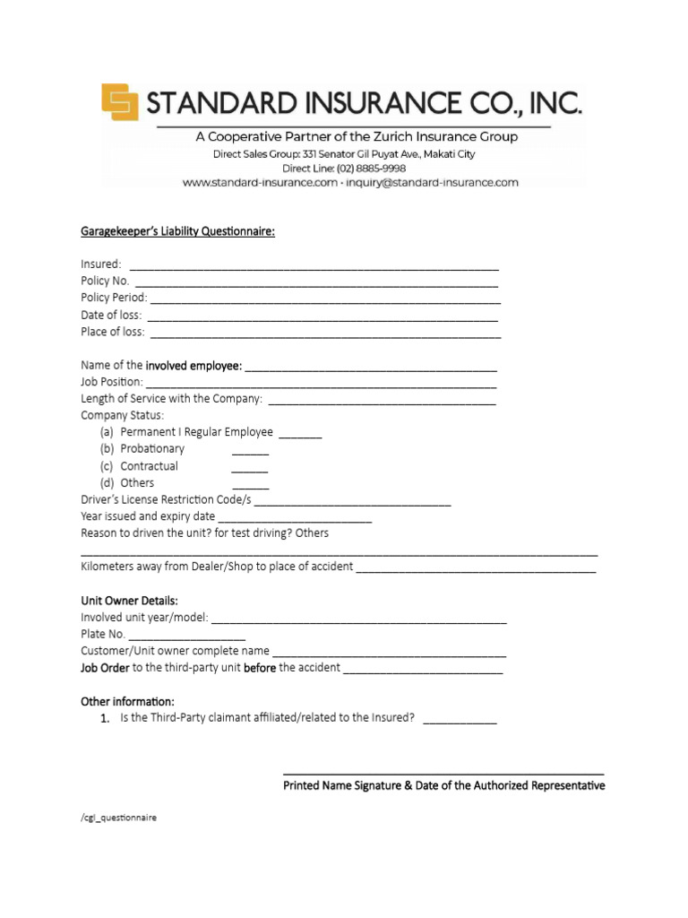 Garagekeeper Liability Questionnaire Form | PDF