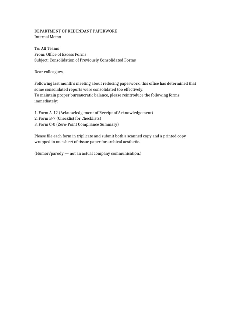 Memo Department of Redundant Paperwork | PDF