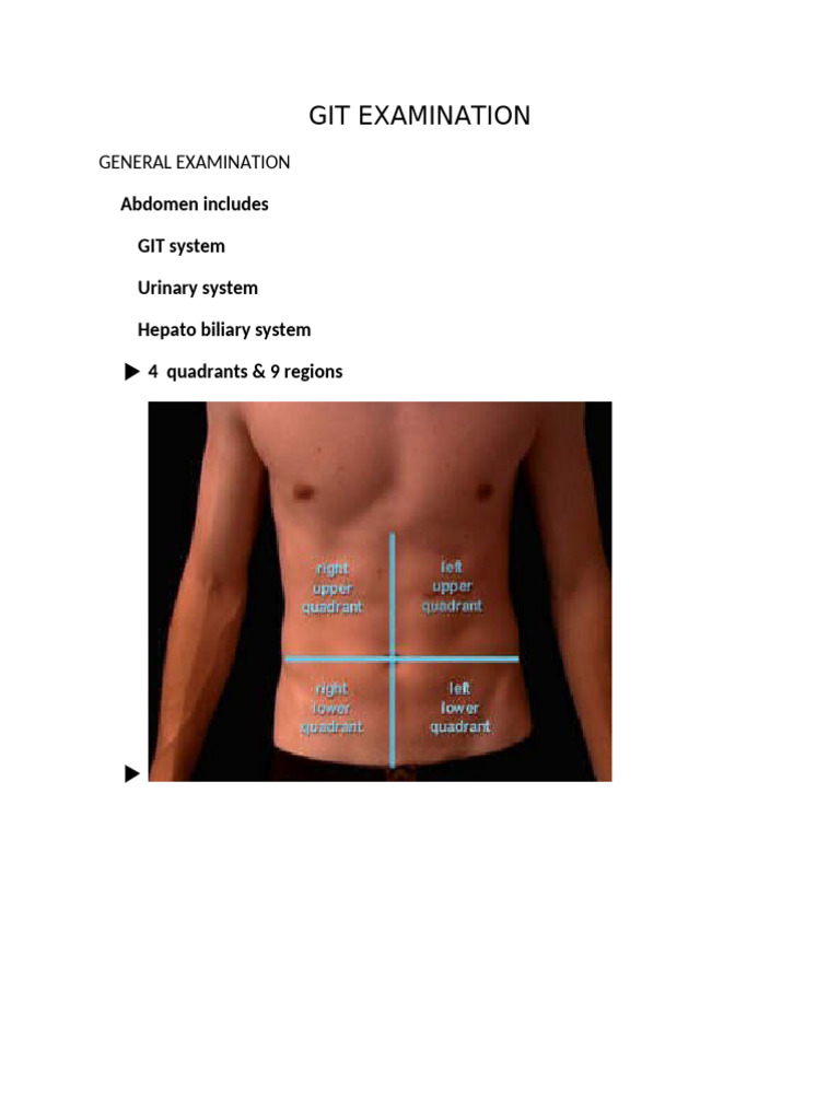 GIT Examination: Symptoms & Techniques | PDF | Abdomen | Vein