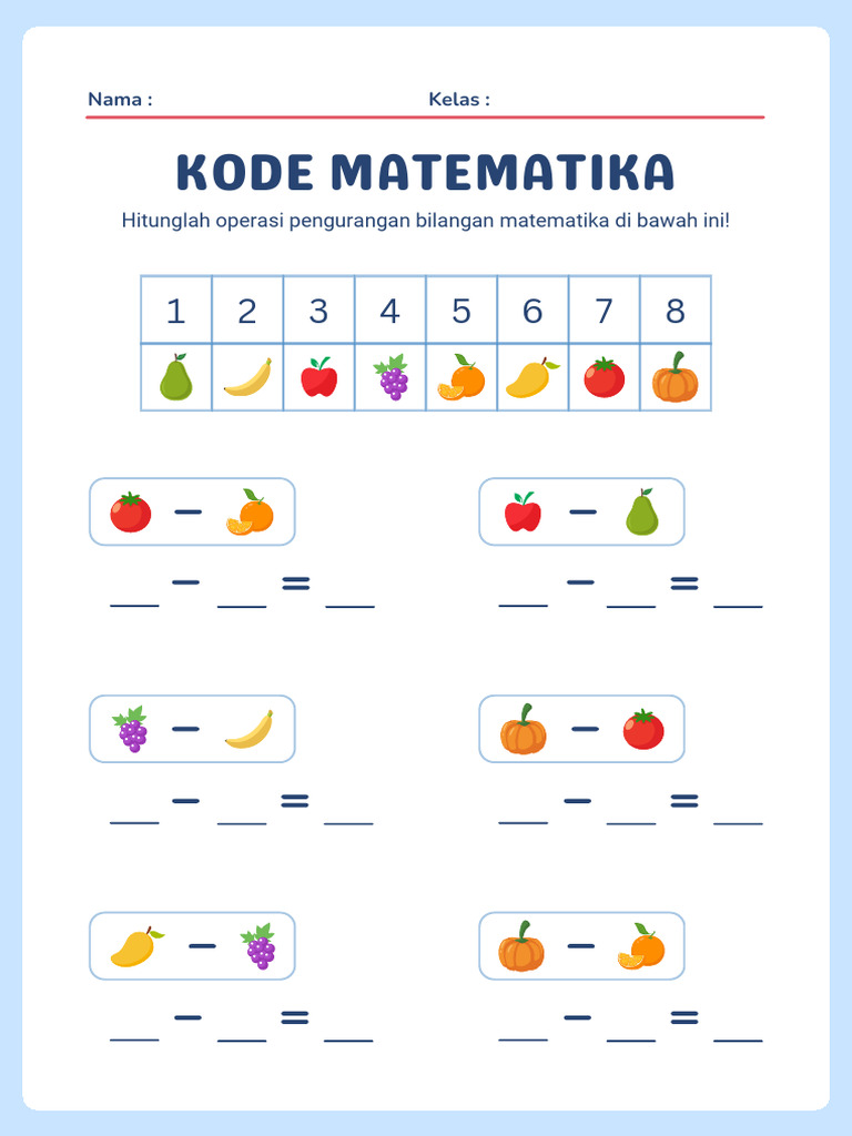 Koding Operasi Hitung Pengurangan Matematika Lembar Kerja Numerasi Tema Buah Biru Ilustratif | PDF