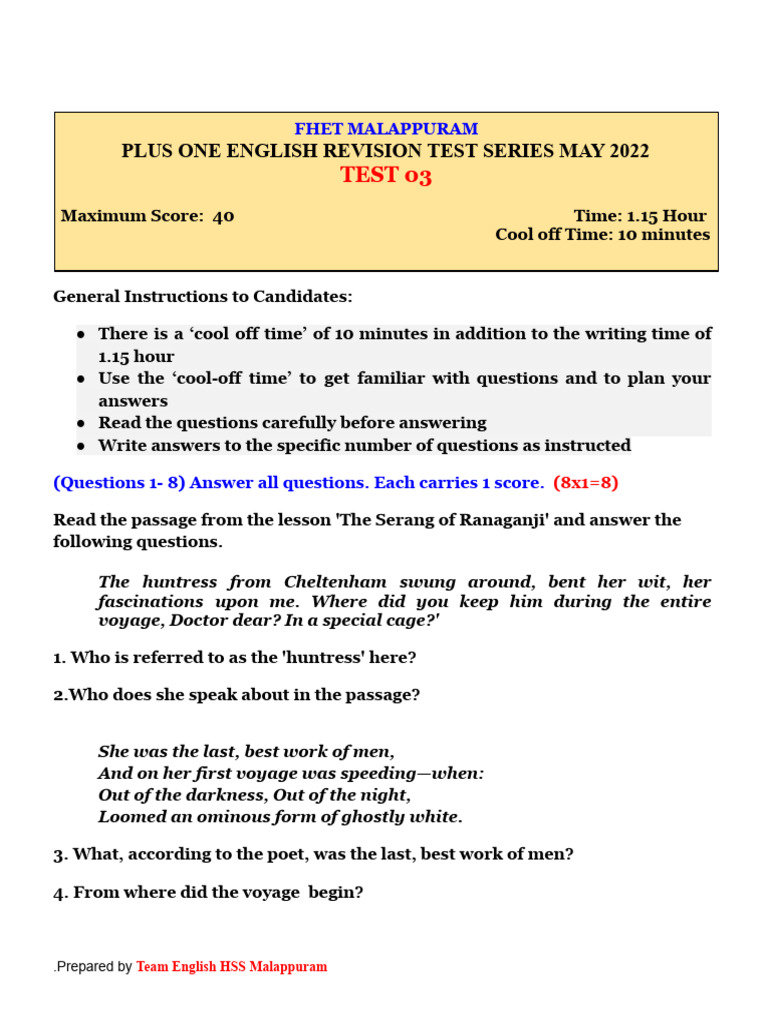 Hsslive Xi English Revision Test Unit 3 QN Key | PDF | Kali