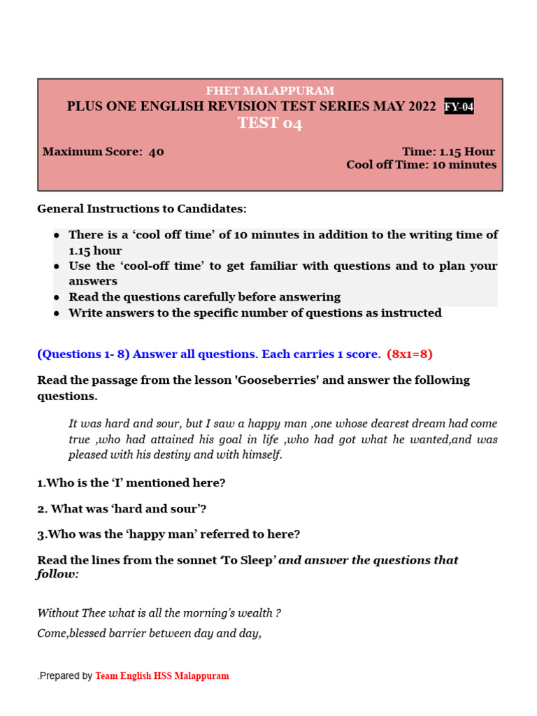 Hsslive Xi English Revision Test Unit 4 QN Key | PDF