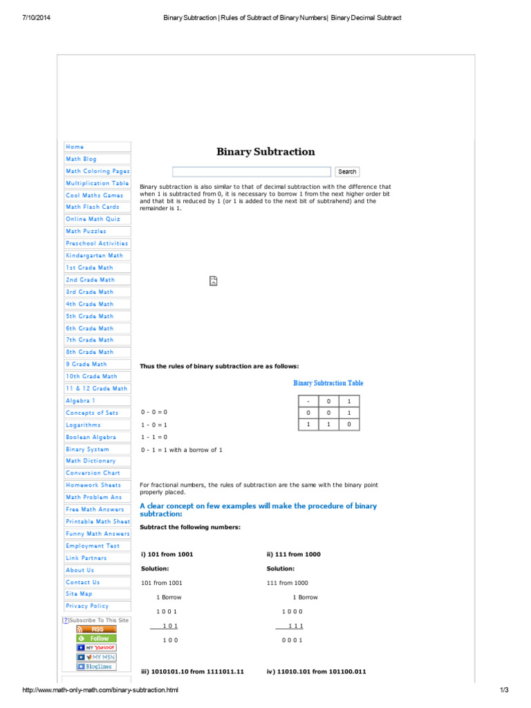 Binary Subtraction - Rules of Subtract of Binary Numbers - Binary Decimal Subtract | PDF ...
