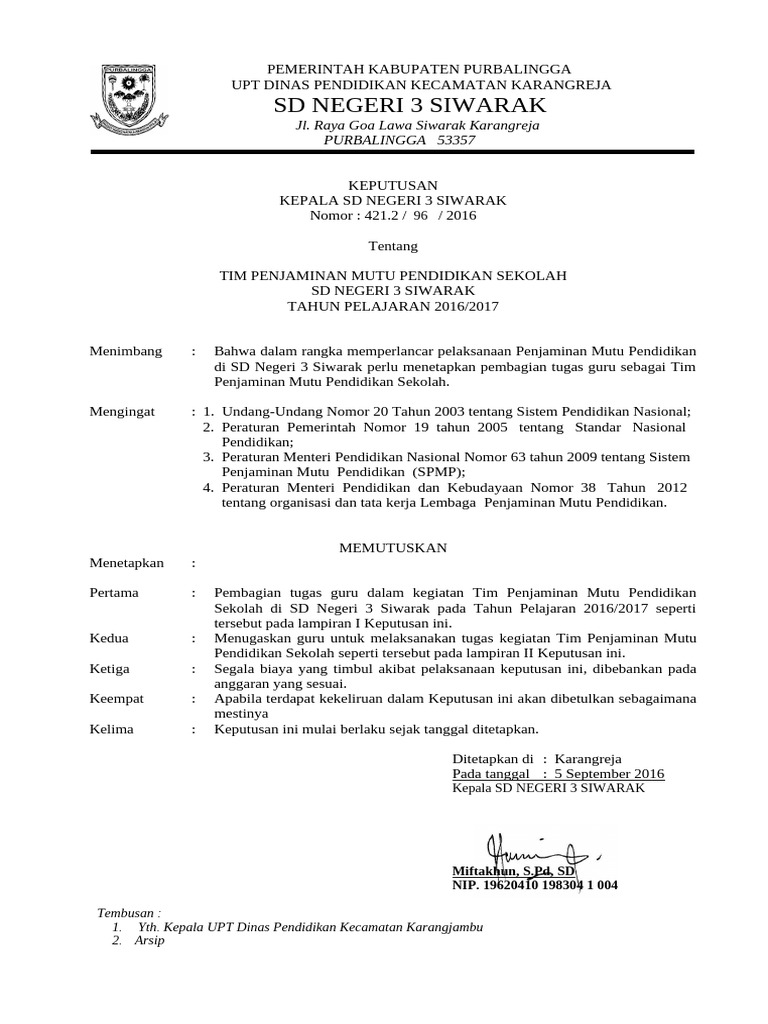 Pembagian Tugas Tim Mutu SDN 3 Siwarak | PDF