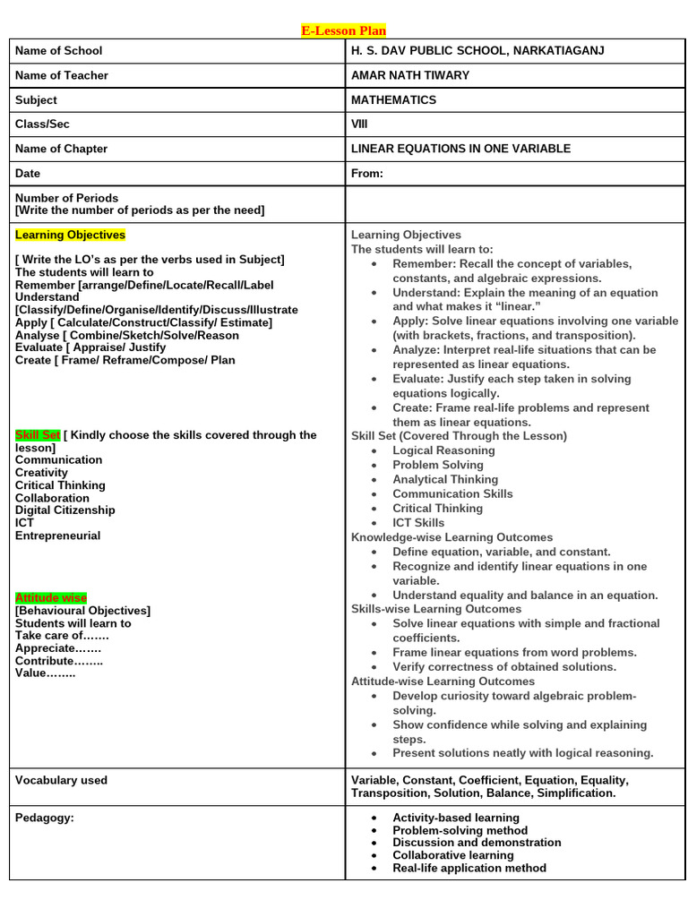 Grade 8 Linear Equations Lesson Plan | PDF | Equations | Learning