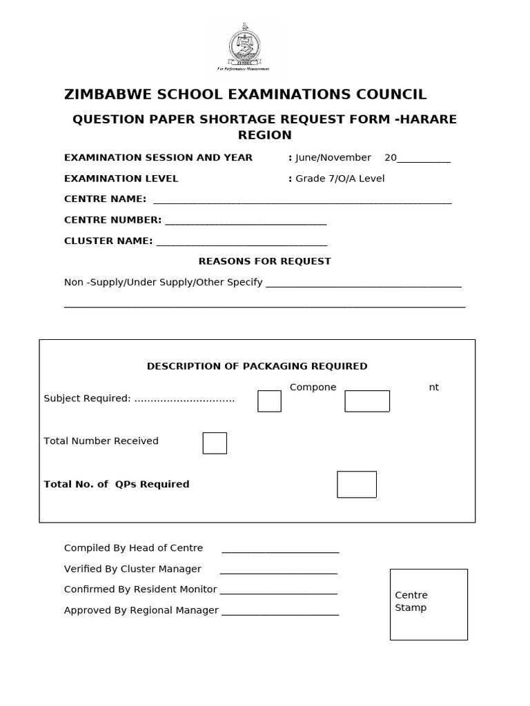 Zimbabwe Exam Paper Shortage Form | PDF