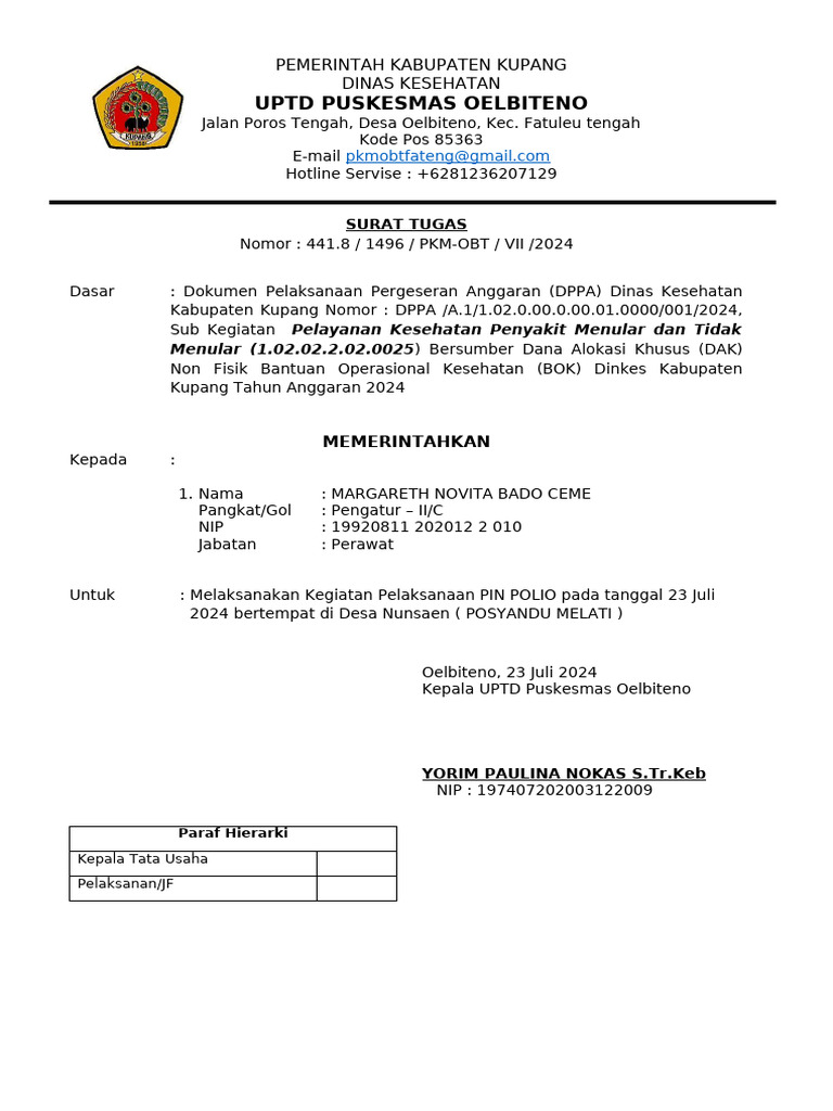 Surat Tugas Pelaksanaan PIN Polio 2024 | PDF