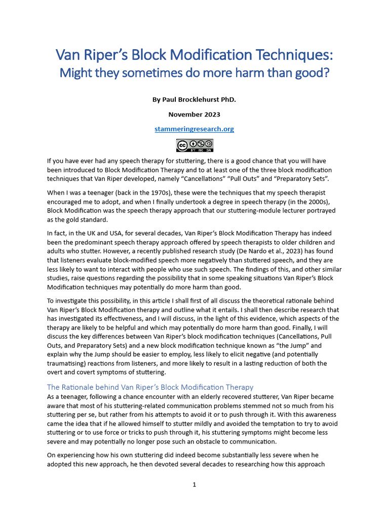 Van Riper's Block Modification Risks | PDF | Stuttering | Psychotherapy