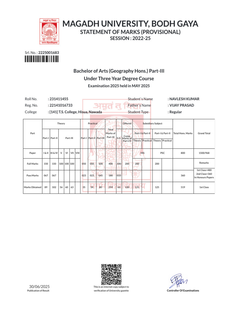 Marksheet - Magadh University, Bodh Gaya | PDF | Academic Degree | Qualifications
