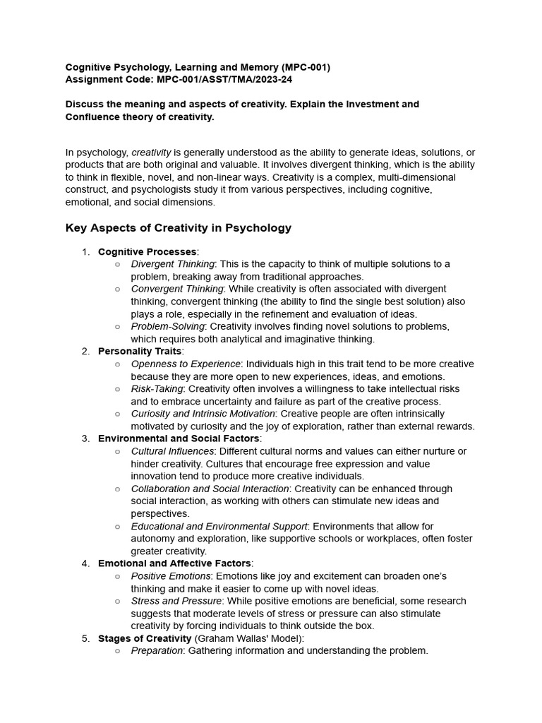 Cognitive Psychology, Learning and Memory (MPC-001) | PDF | Creativity ...