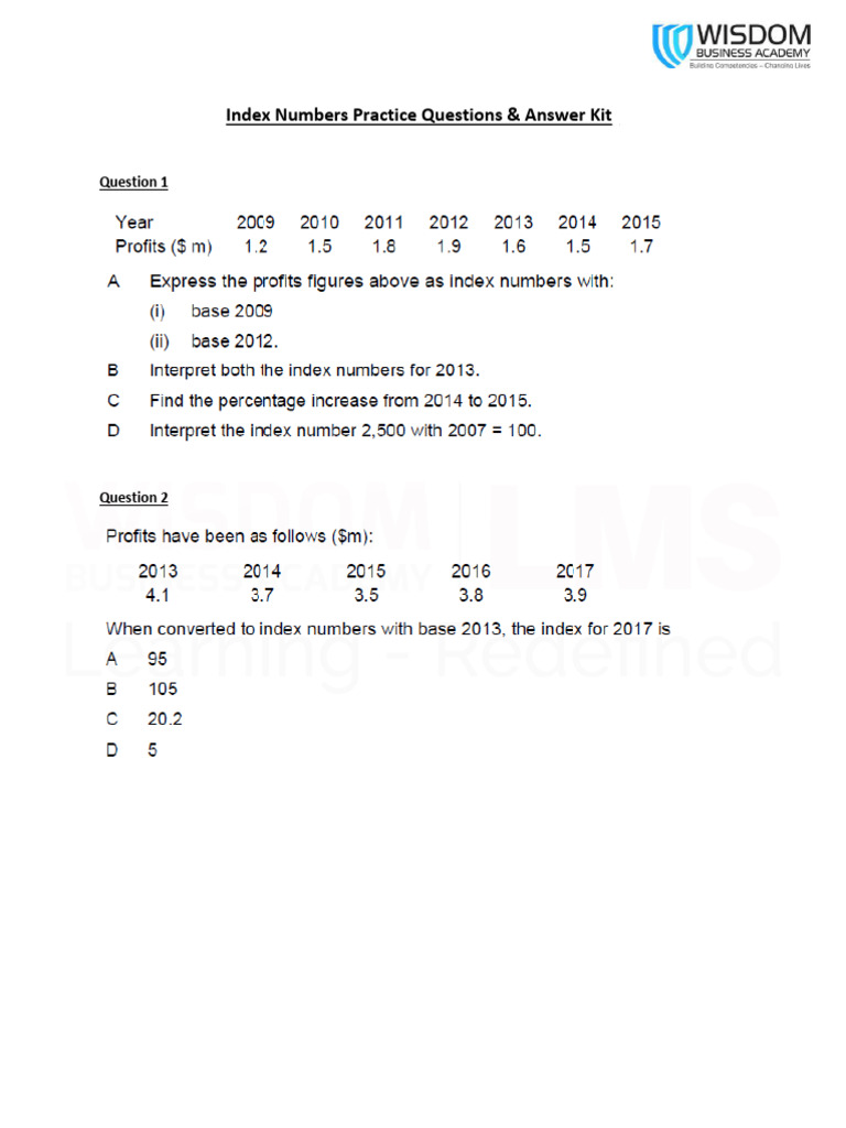 Index Numbers Practice Questions Kit | PDF