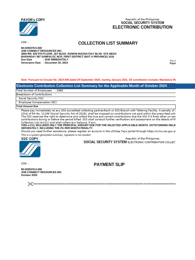 October 2024 SSS Contribution Summary | PDF | Economy Of The ...