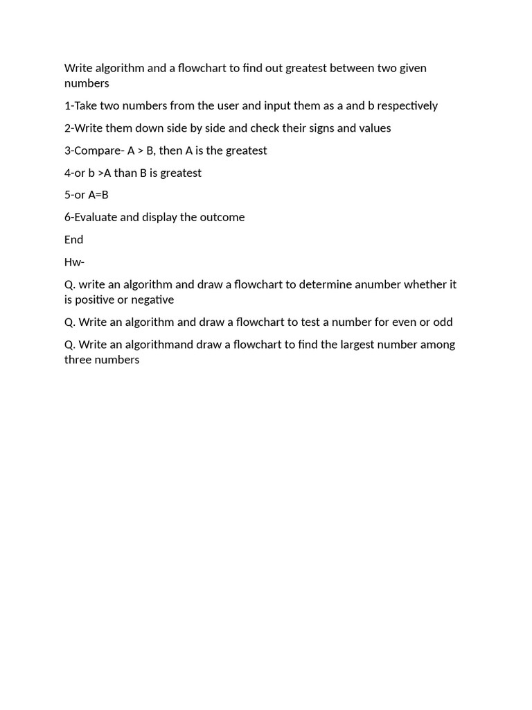 Write Algorithm and A Flowchart To Find Out Greatest Between Two Given ...