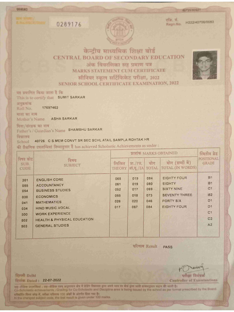 12 Marksheet 2022 Sumit Sarkar | PDF