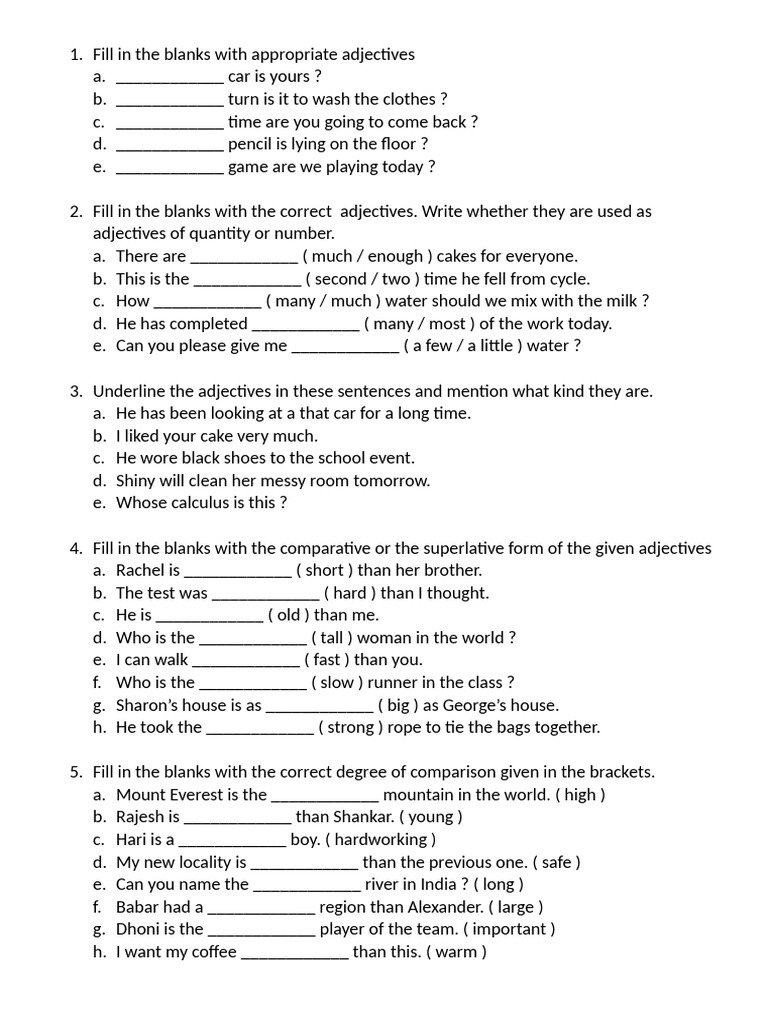 Fill in The Blanks With Appropriate Adjectives | PDF | Adjective ...