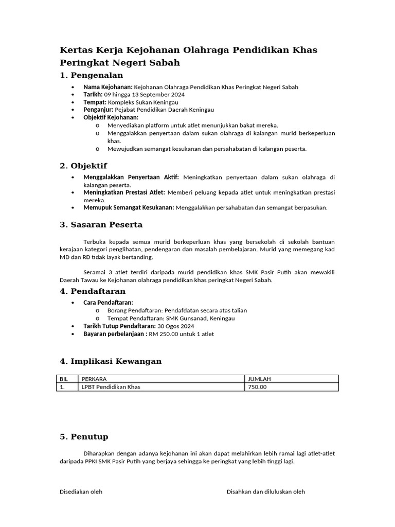Kertas Kerja Kejohanan Olahraga Pendidikan Khas Pe | PDF