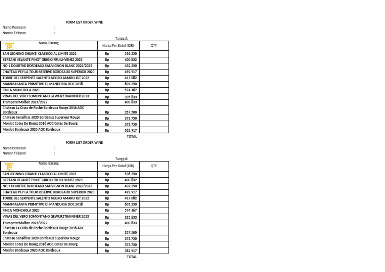 Wine Order Form with Pricing Details | PDF | Wine | Viticulture