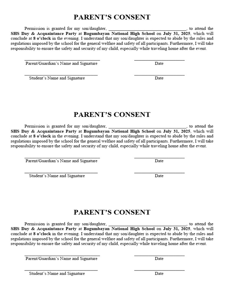 Parent Consent for SHS Acquaintance Party | PDF | Family | Childhood