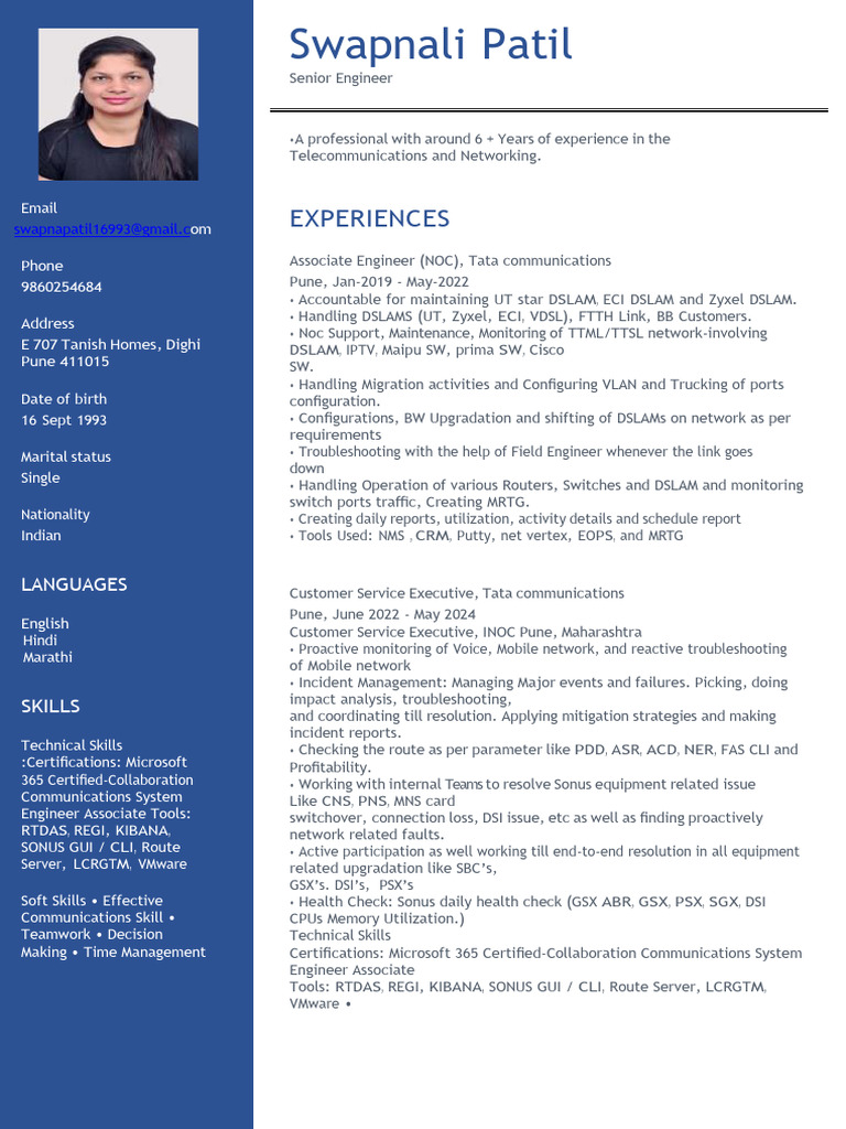 Swapnali Patil Updated CV | PDF | Session Initiation Protocol | Voice Over Ip