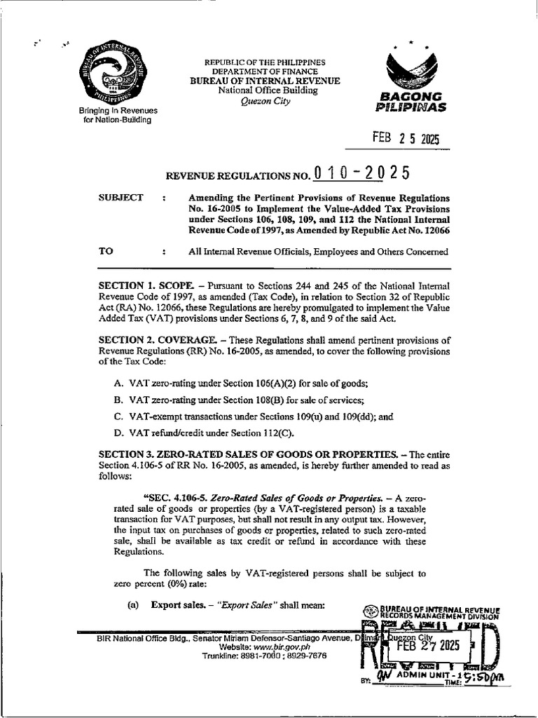 RR 010-2025 VAT On Zero Rated - Exempt and Refund | PDF