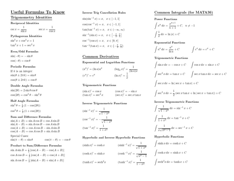 Essential Math Formulas Guide | PDF | Trigonometric Functions ...