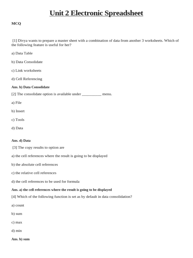 Electronic Spreadsheet Advanced Questions Answers | PDF | Spreadsheet ...