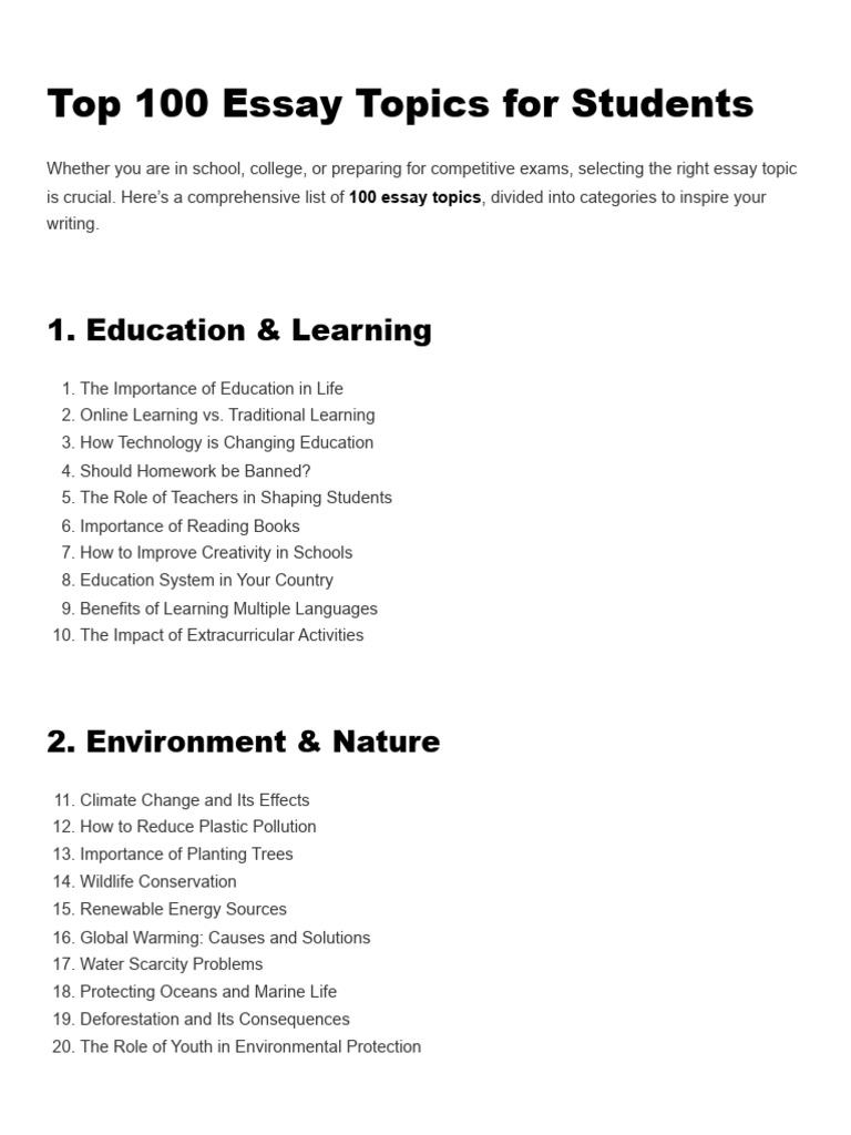 Top 100 Essay Topics for Students | PDF | Climate Change | Mental Health
