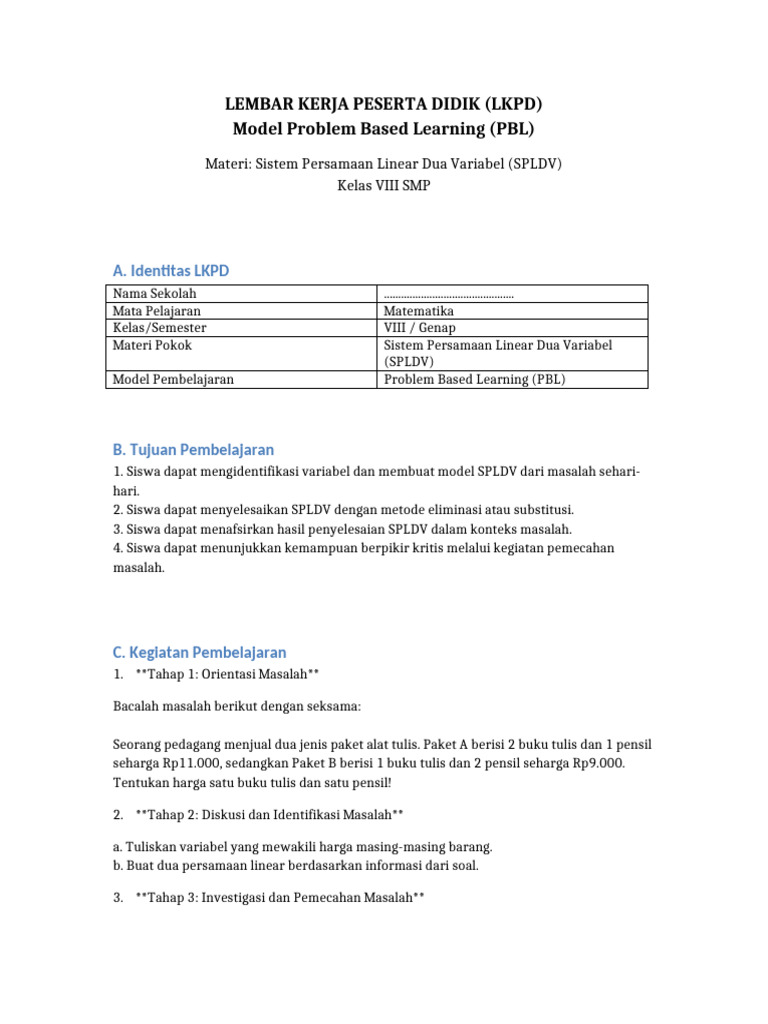 LKPD SPLDV PBL Jualbeli | PDF