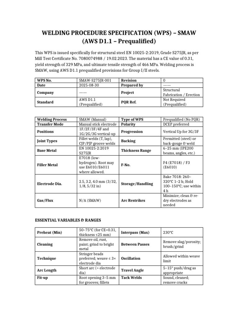 SMAW WPS for S275JR Structural Steel | PDF | Welding | Construction