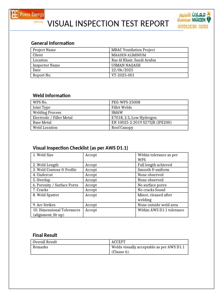 Visual Inspection Report AWS D1.1 | PDF
