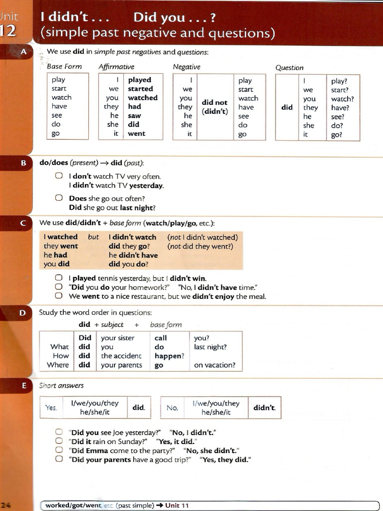 E1 Past Tense Negative Questions | PDF