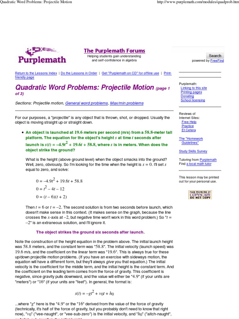 Quadratic Word Problems Projectile Motion Pdf Gravity Quadratic