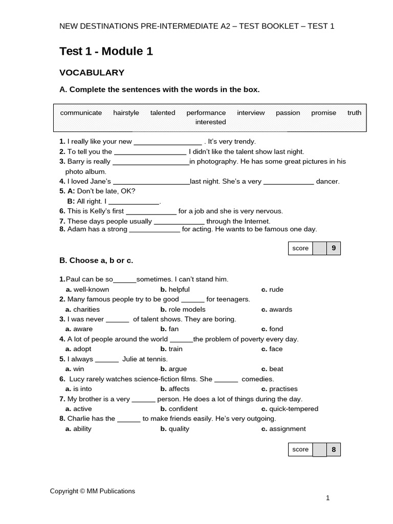 New Dest Pre-Intermediate A2 British Test 1 | PDF