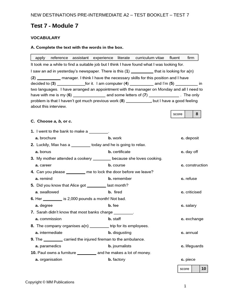 Pre-Intermediate A2 Test 7 Booklet | PDF