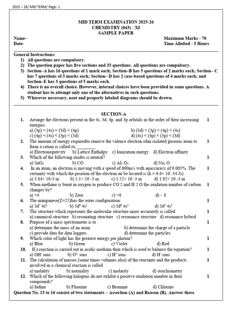 CHEMISTRY XI Mid Term SAMPLE PAPER | PDF | Mole (Unit) | Physical Sciences